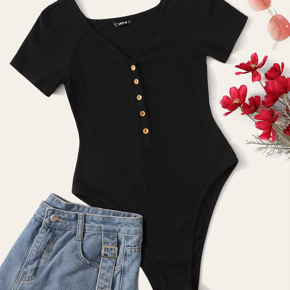 Button Front Rib-knit Skinny Bodysuit – Beisat