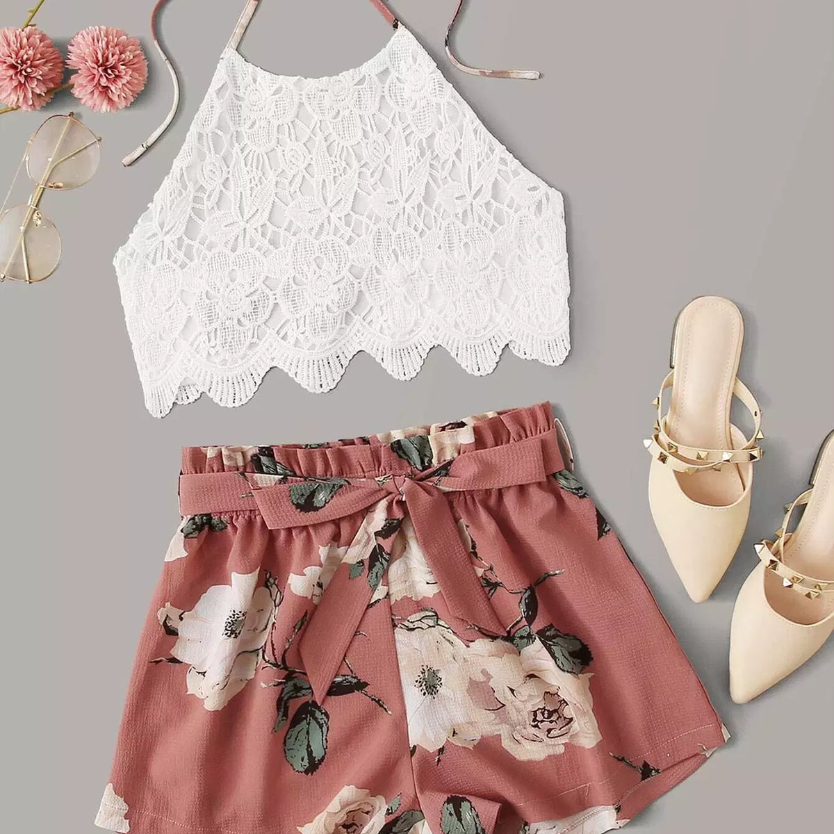 Plus Knot Back Halter Top & Floral Shorts Without Belt – Beisat