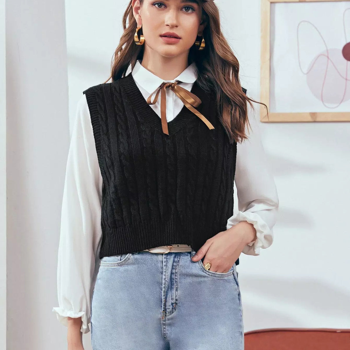 Solid Cable Knit Crop Sweater Vest – Beisat