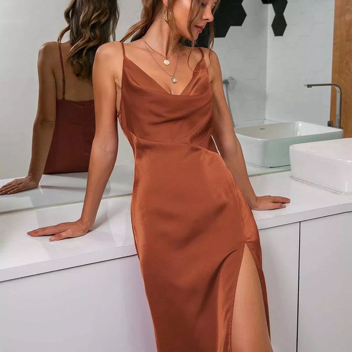 Split Thigh Cowl Neck Satin Cami Dress – Beisat