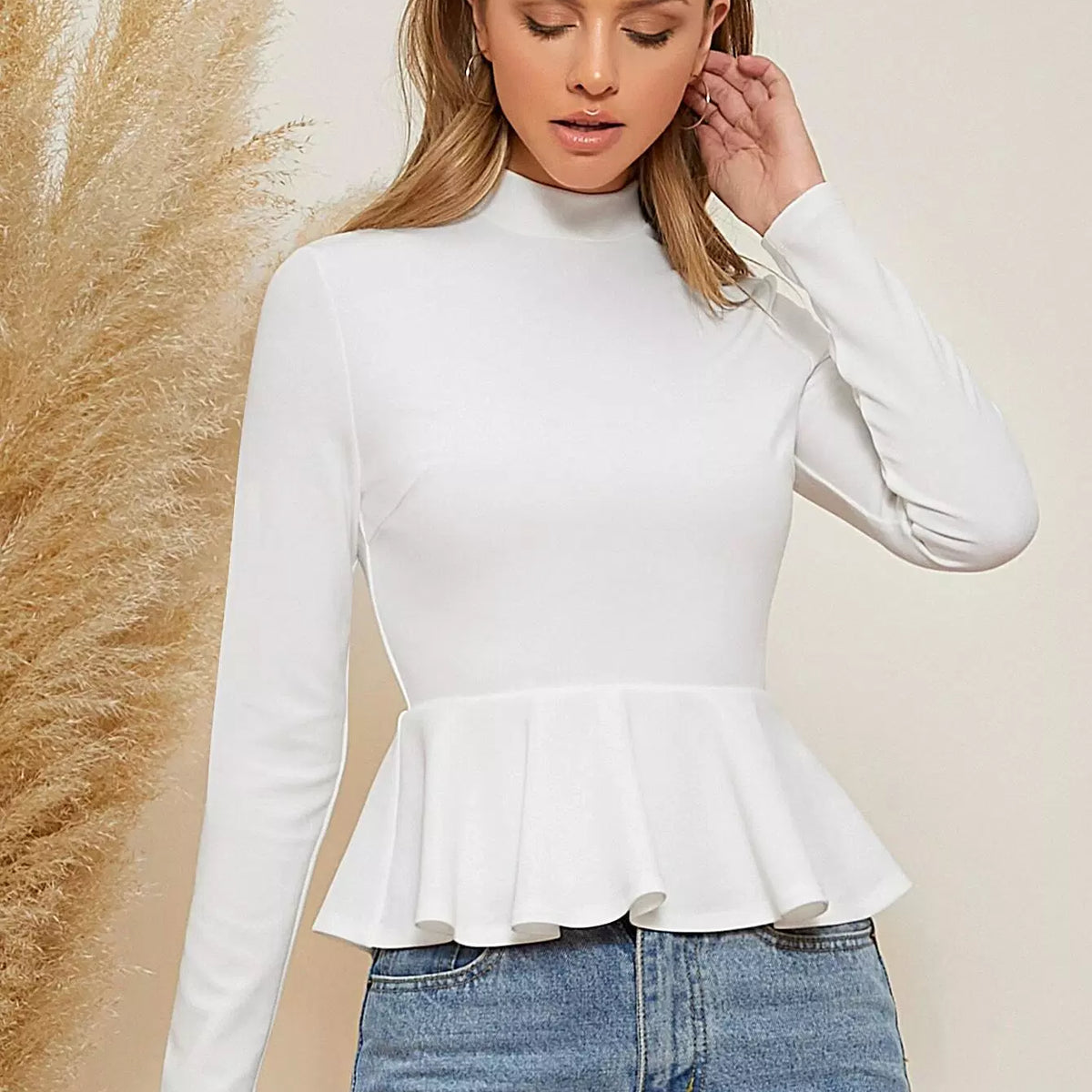 Mock Neck Solid Peplum Top – Beisat