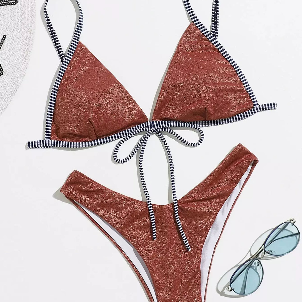 Striped Binding Glitter High Cut Bikini Swimsuit – Beisat
