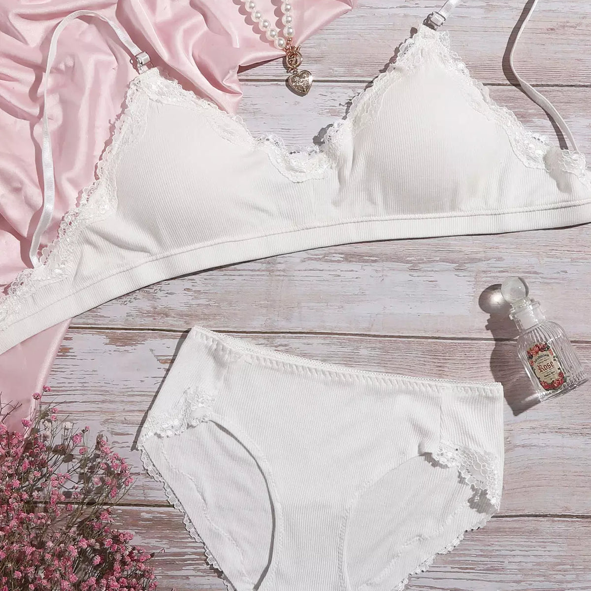 Rib Lace Trim Lingerie Set Beisat