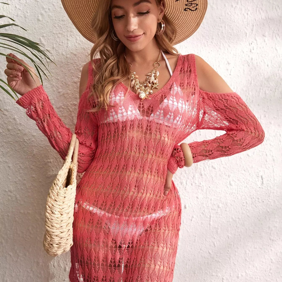 Cold Shoulder Open Knit Cover Up Dress Without Bikini Set – Beisat