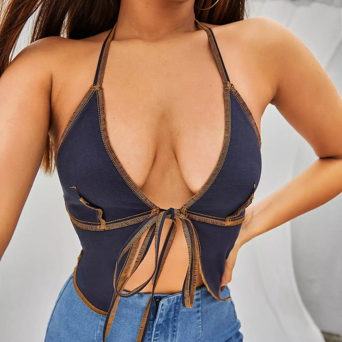 Stitch Trim Knot Front Halter Denim Top – Beisat