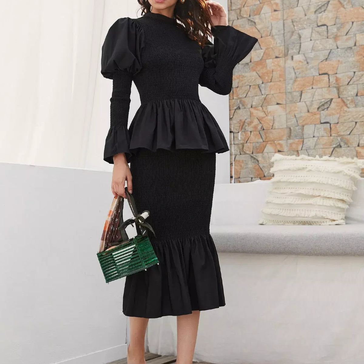 Gigot Sleeve Shirred Peplum Top & Mermaid Skirt Set – Beisat