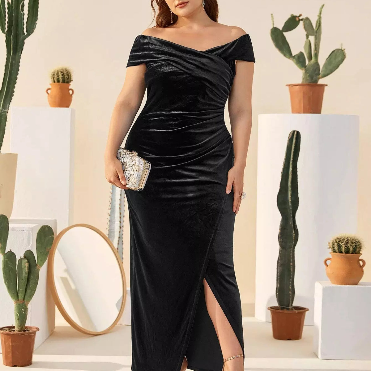 Plus Cross Wrap Off Shoulder Solid Velvet Dress – Beisat