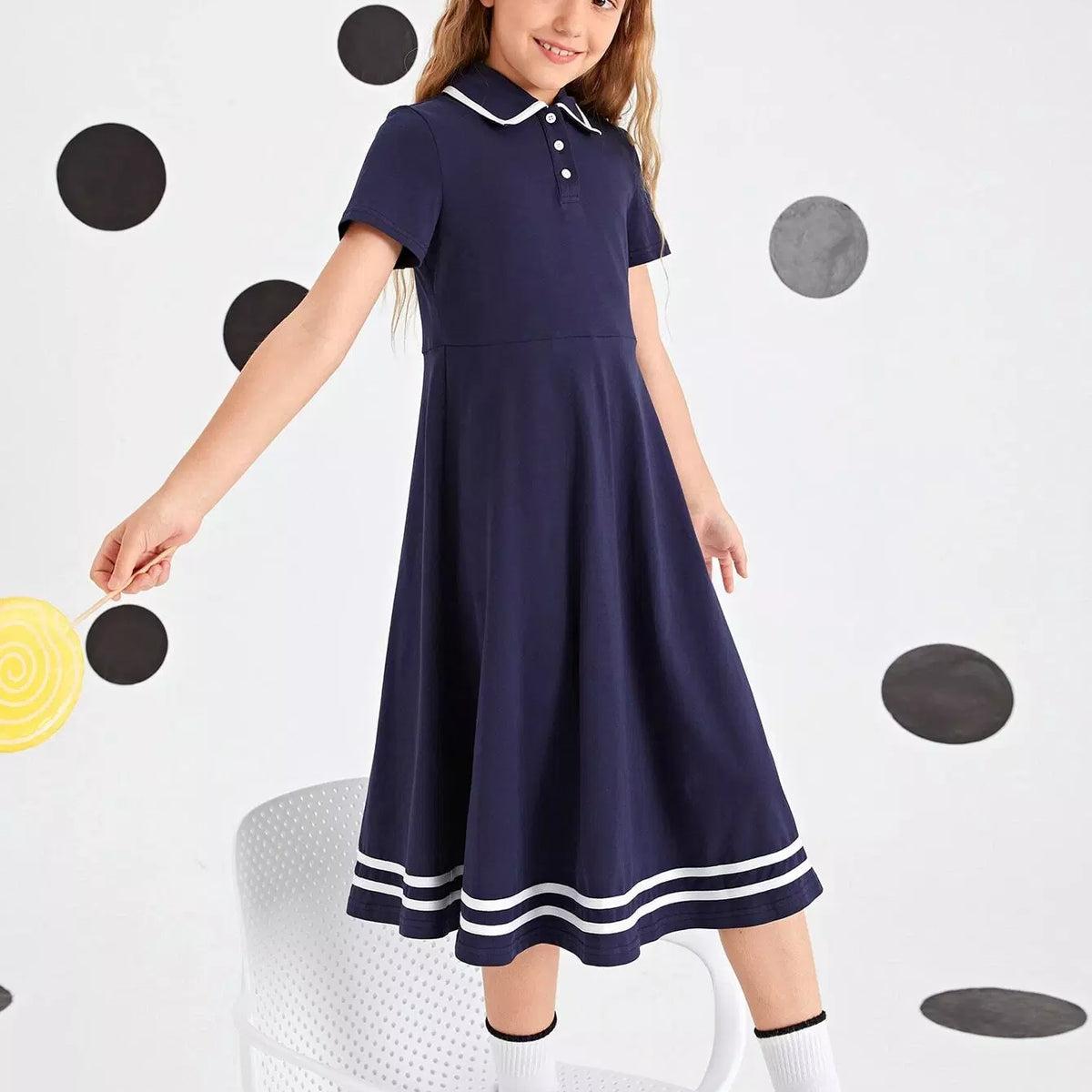 Girls Button Half Placket Striped Dress – Beisat