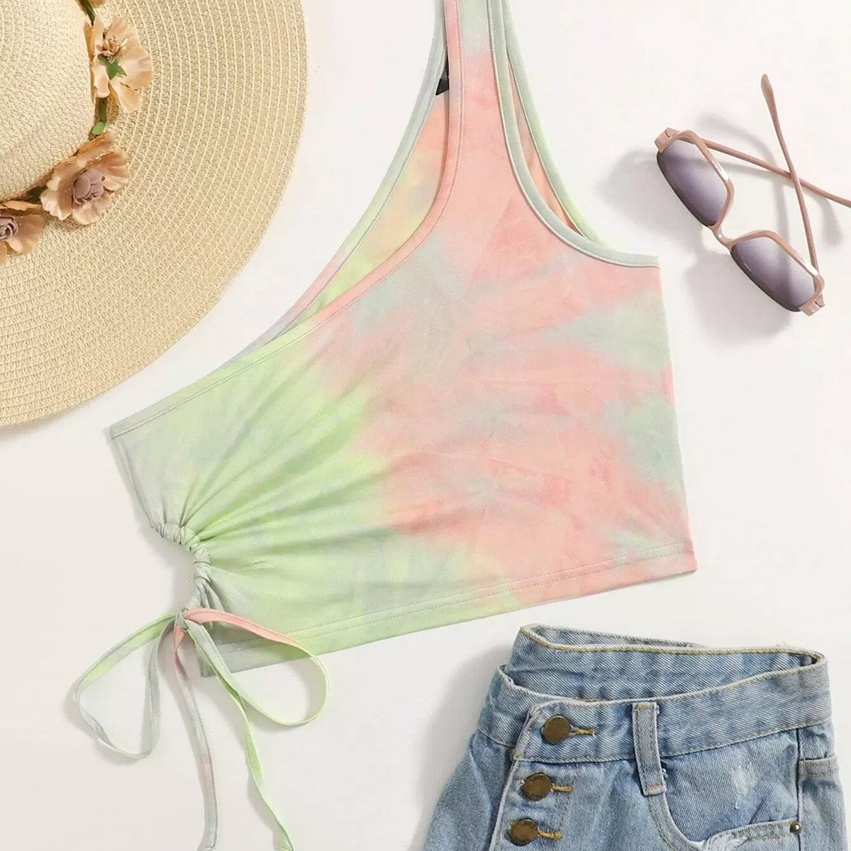 One Shoulder Knot Side Tie Dye Crop Top – Beisat