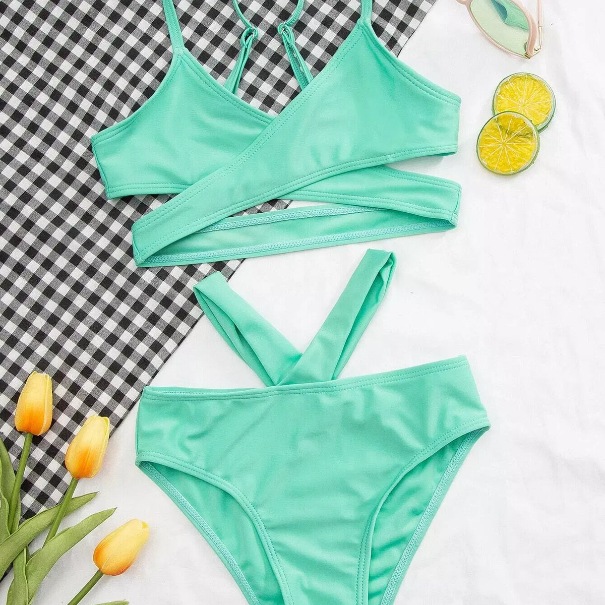 Girls Solid Criss Cross Cut Out Bikini Swimsuit – Beisat