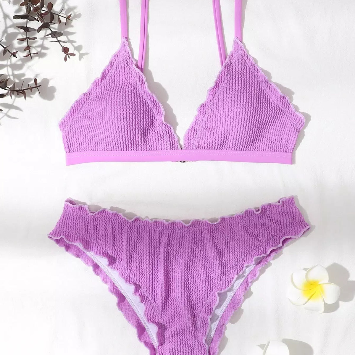 Solid Lettuce Trim Smocked Bikini Swimsuit – Beisat