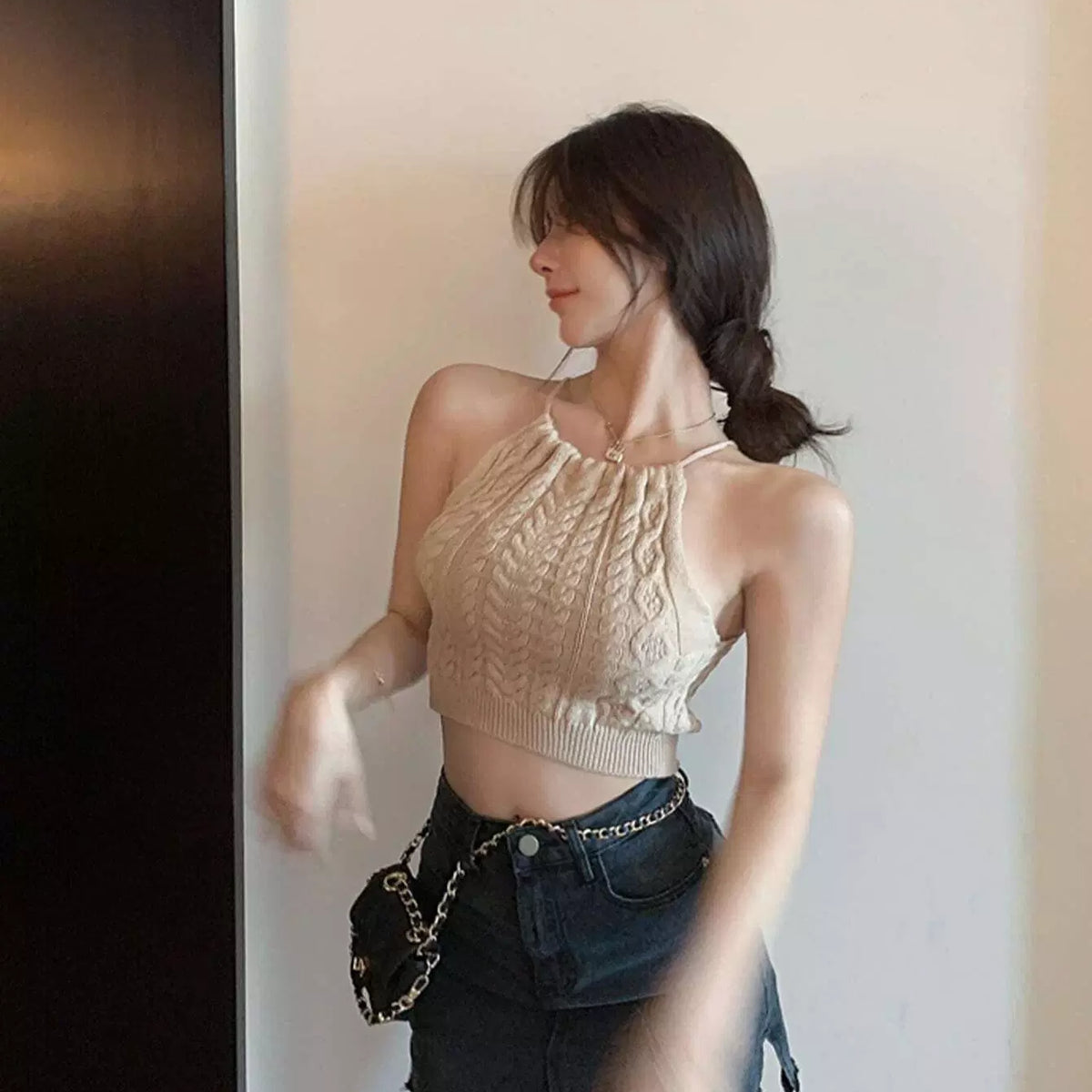 Open Back Tie Detail Cable Knit Halter Top – Beisat