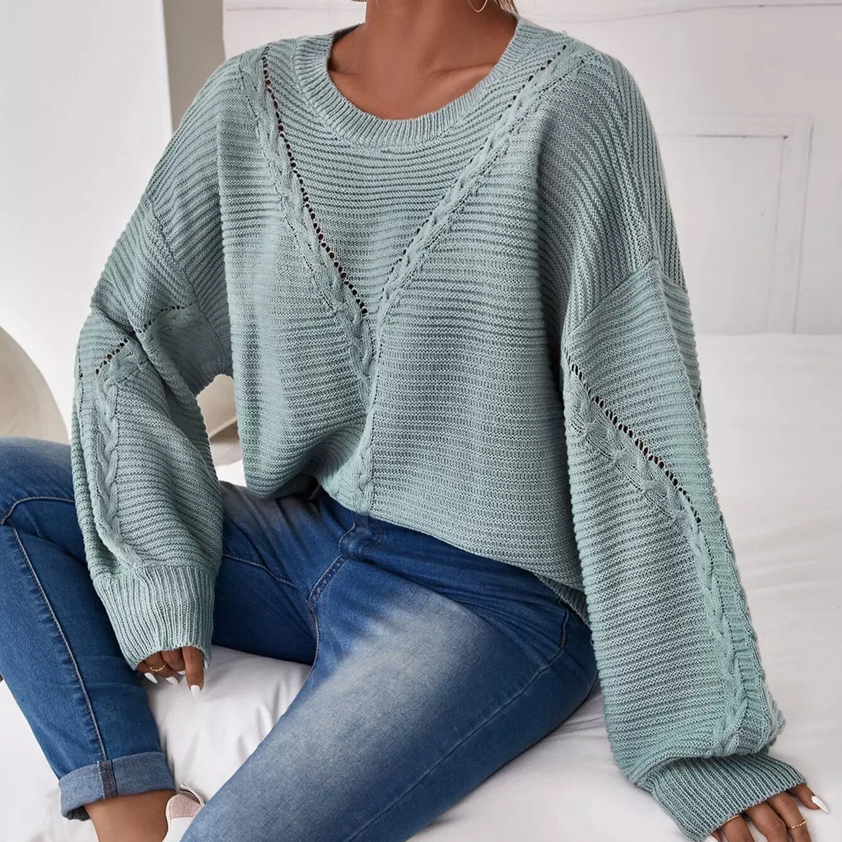 Drop Shoulder Cable & Ribbed Knit Sweater – Beisat