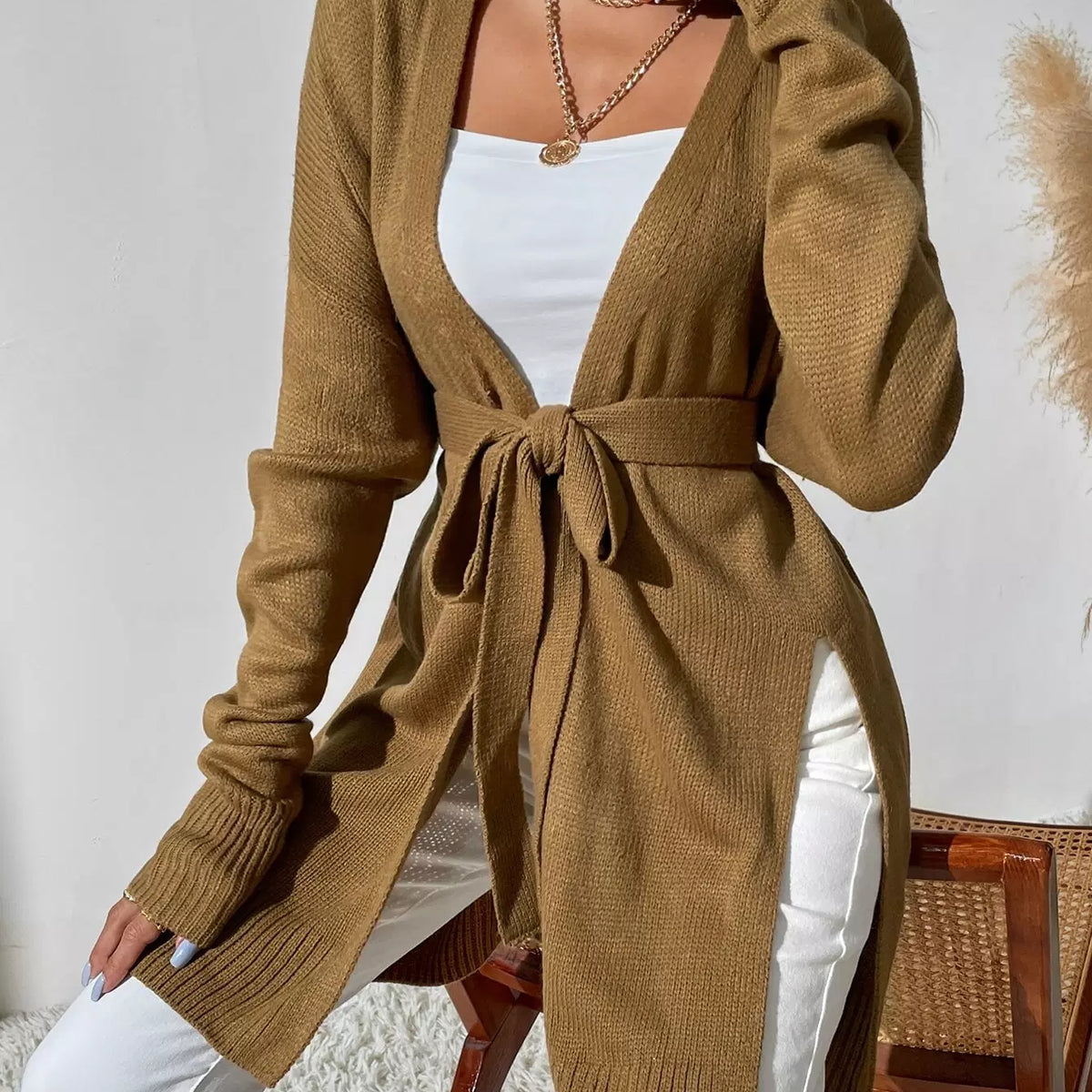 Solid Slit Hem Drop Shoulder Cardigan Without Belt – Beisat