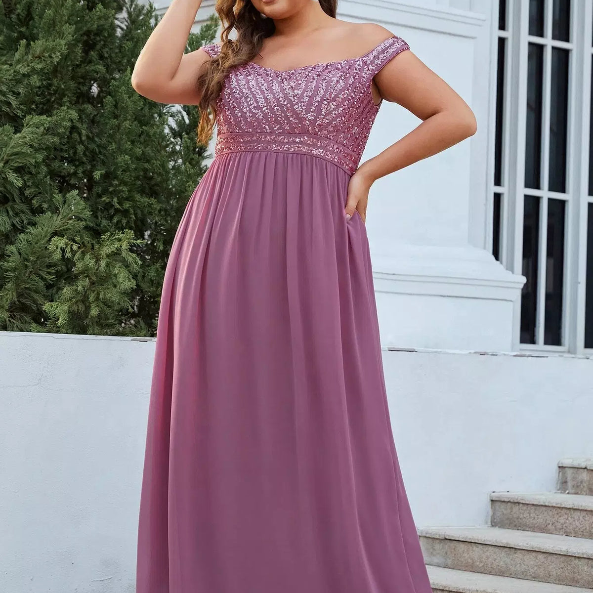 Plus Off Shoulder Sequin Bodice Dress – Beisat