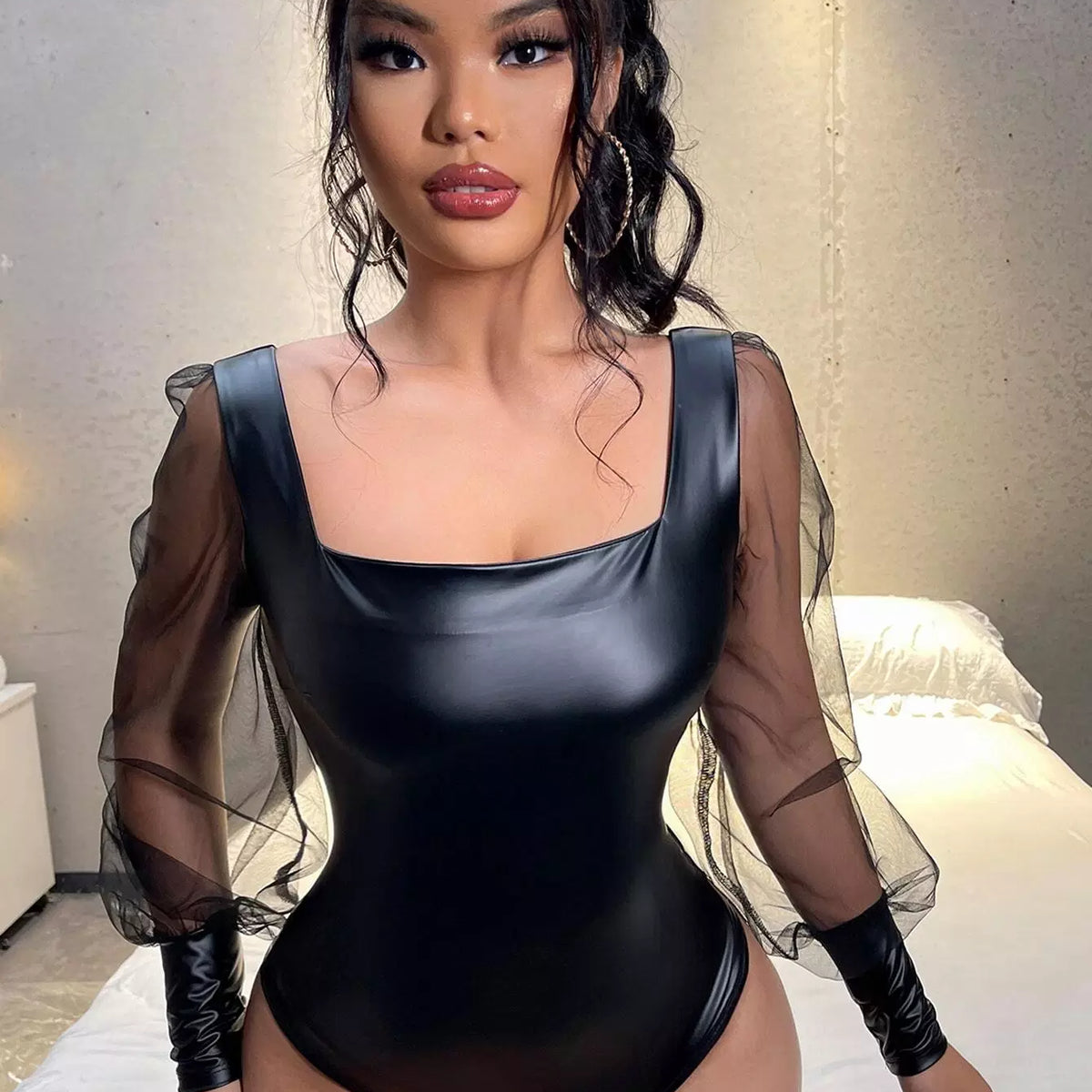 Square Neck Mesh Panel Bodysuit – Beisat