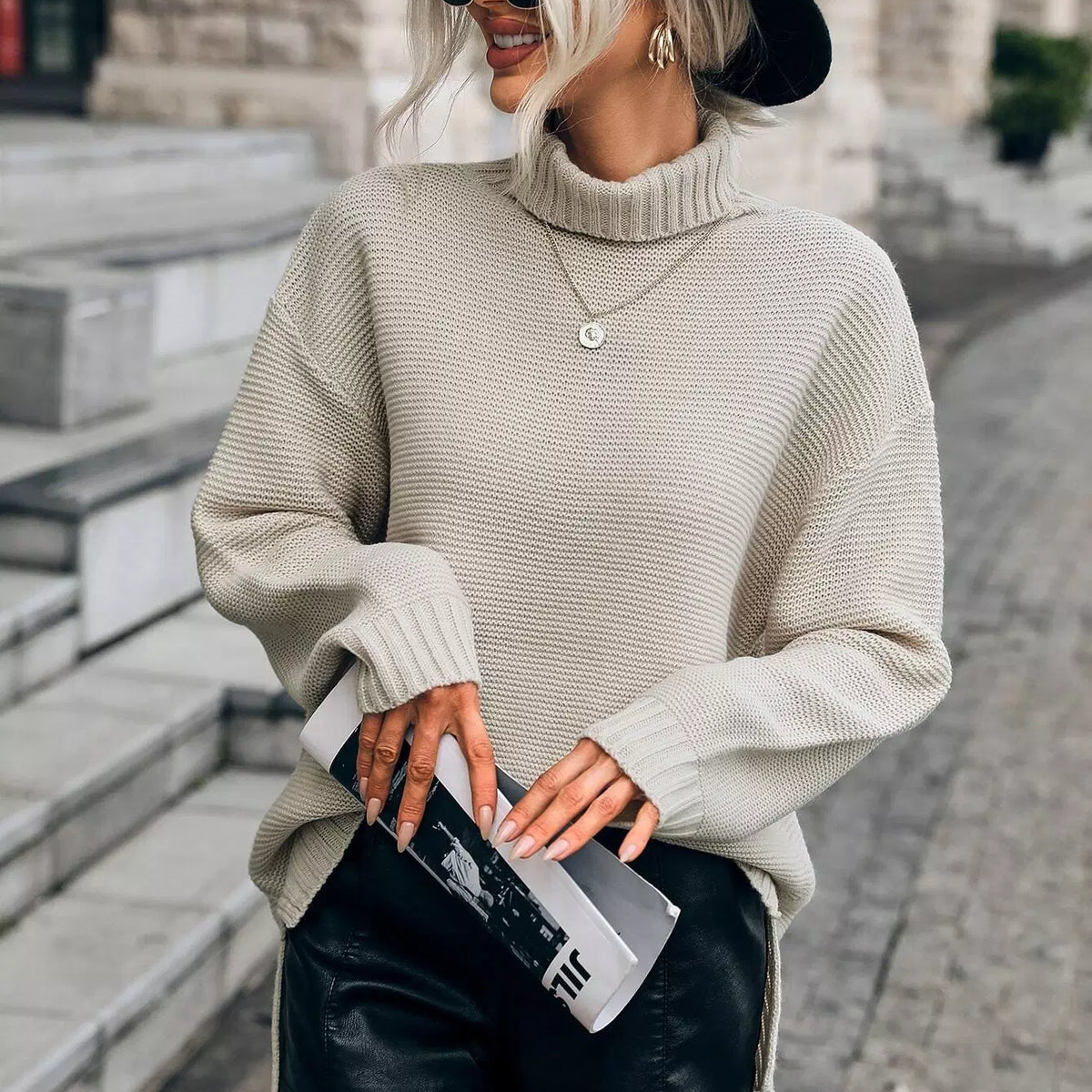 Turtle Neck Drop Shoulder Split Solid Sweater – Beisat