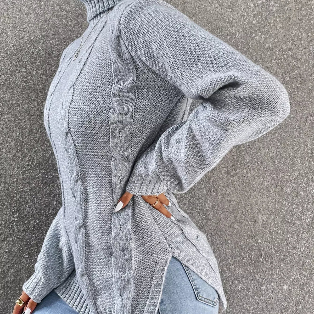 Turtleneck Split Hem Cable Knit Sweater – Beisat