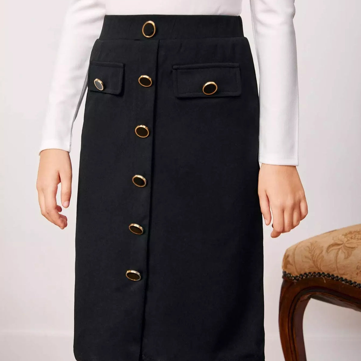 Girls Button Front Flap Detail Straight Skirt – Beisat