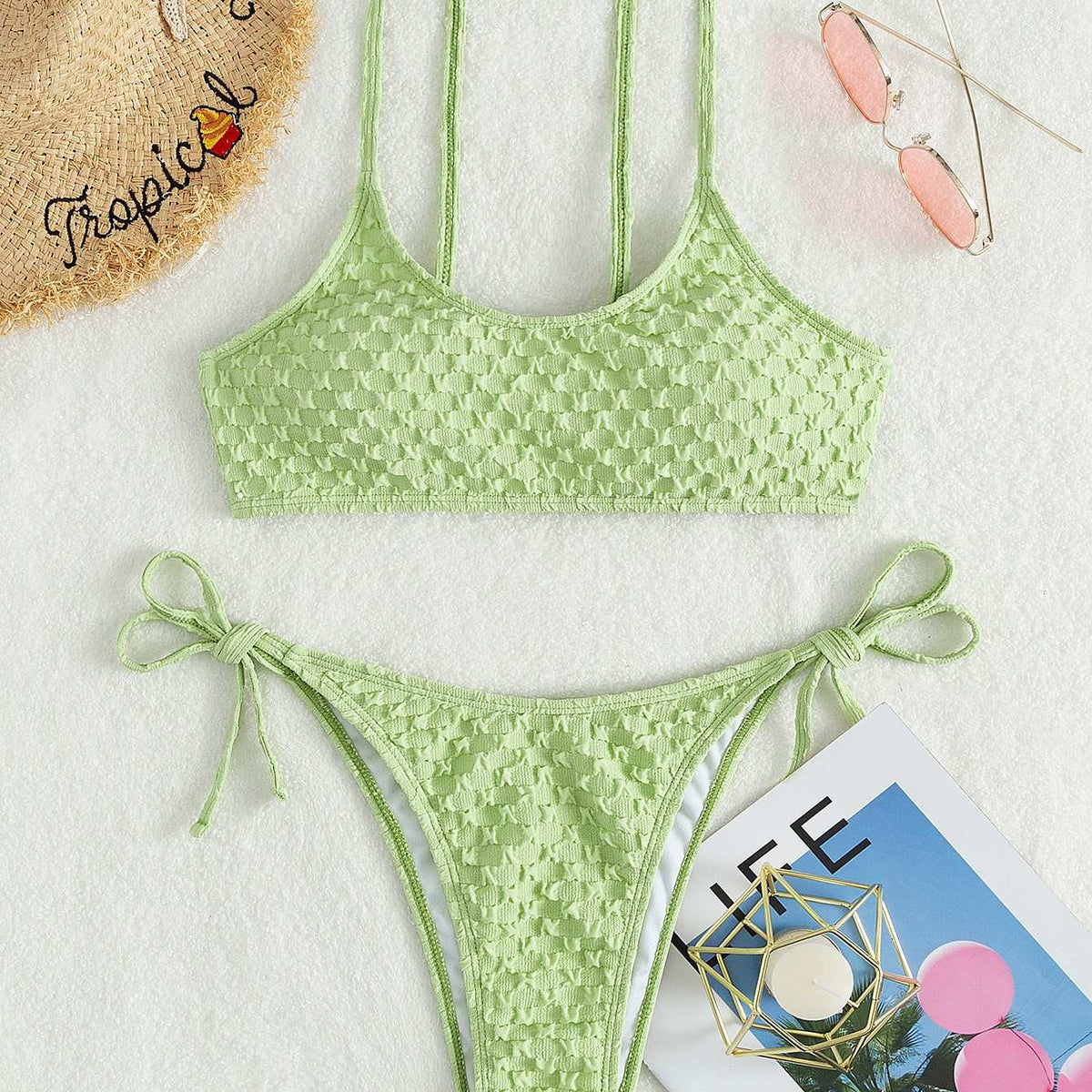 Plain Textured Tie Side Bikini Swimsuit – Beisat