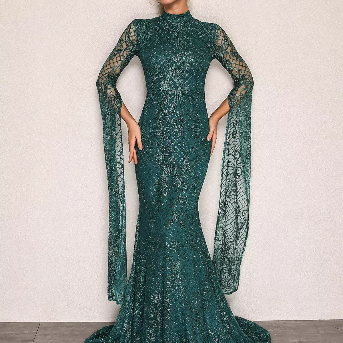 Extra Long Sleeve Sequin Mesh Overlay Dress – Beisat