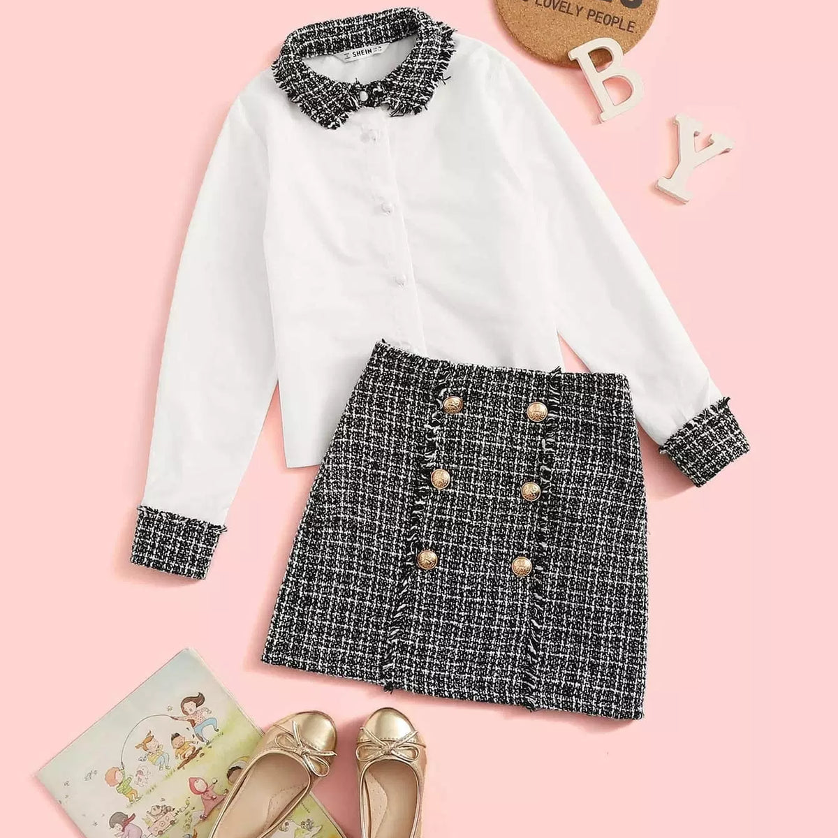 Girls Contrast Collar Blouse & Tweed Skirt Set – Beisat
