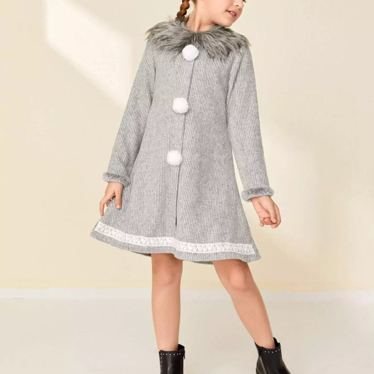 Girls Fuzzy Collar Pom Pom Detail Dress – Beisat