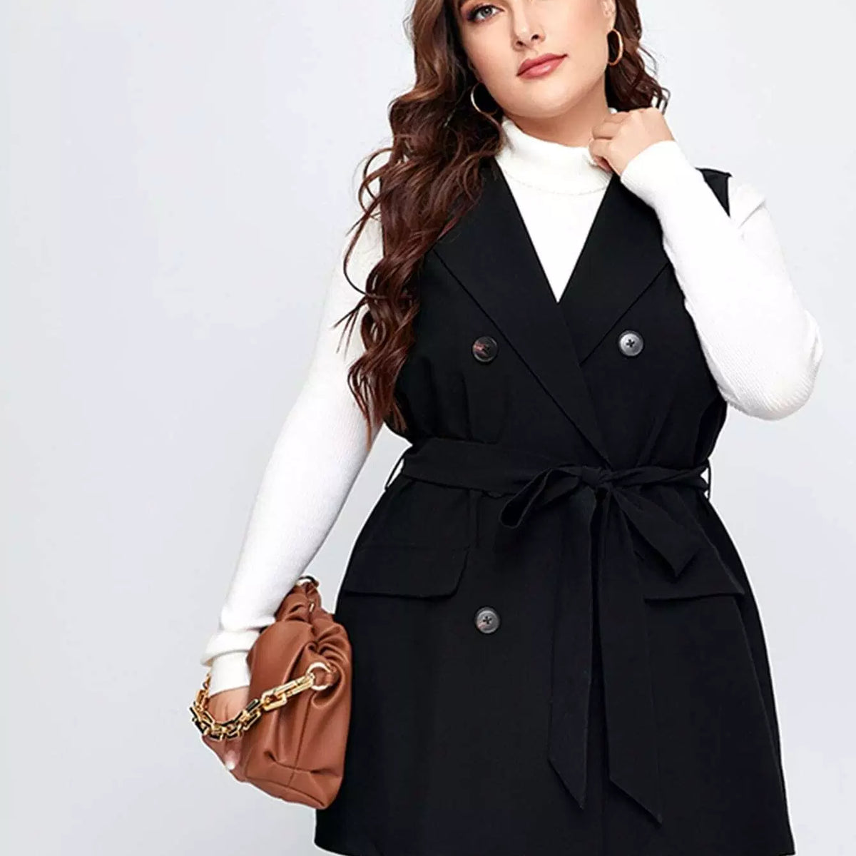 Plus Notched Collar Flap Detail Self Vest Without Belt – Beisat