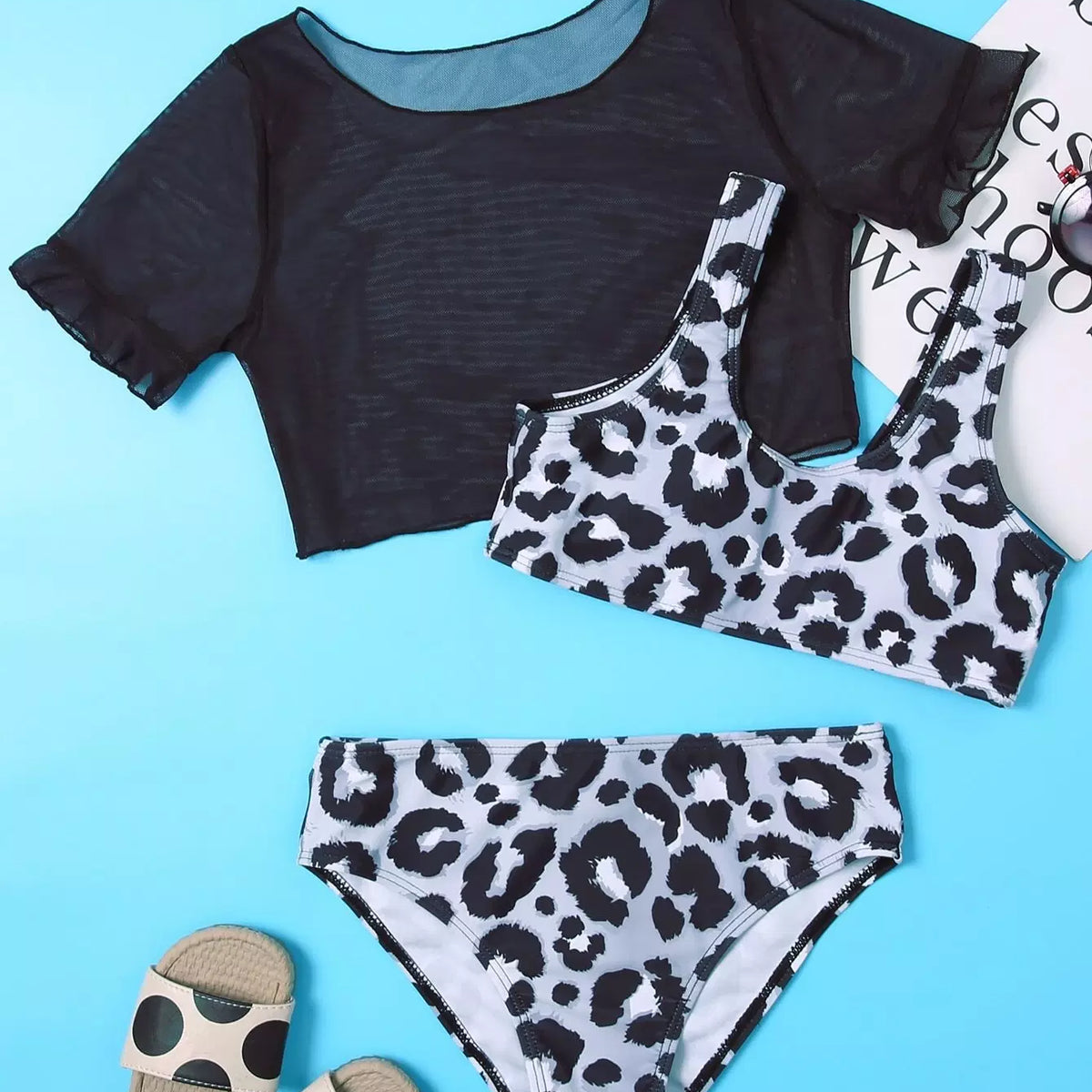 Girls Leopard Bikini Swimsuit With Mesh Cover Up – Beisat