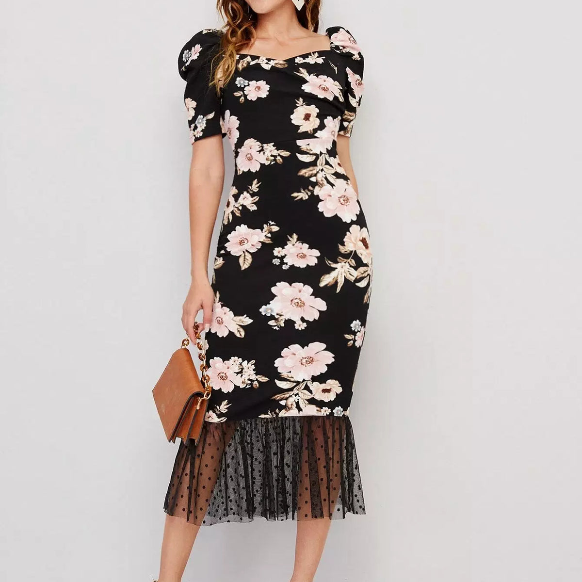 Floral Puff Sleeve Contrast Mesh Dress – Beisat