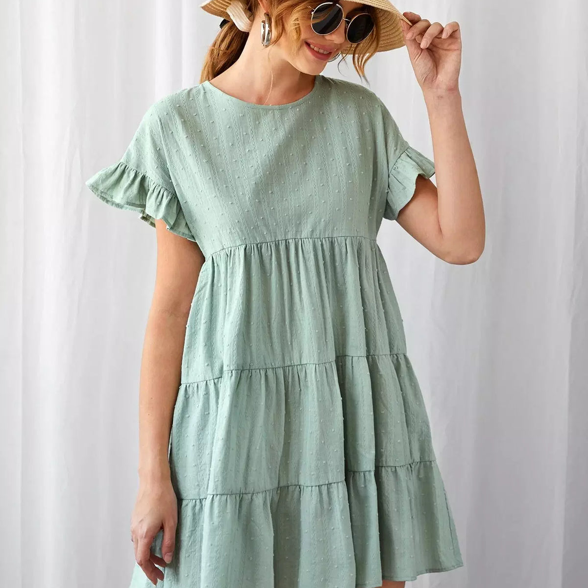 Ruffle Cuff Tiered Hem Swiss Dot Dress – Beisat
