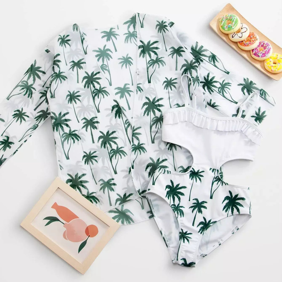 Girls Palm Tree Print One Piece Swimsuit With Kimono – Beisat