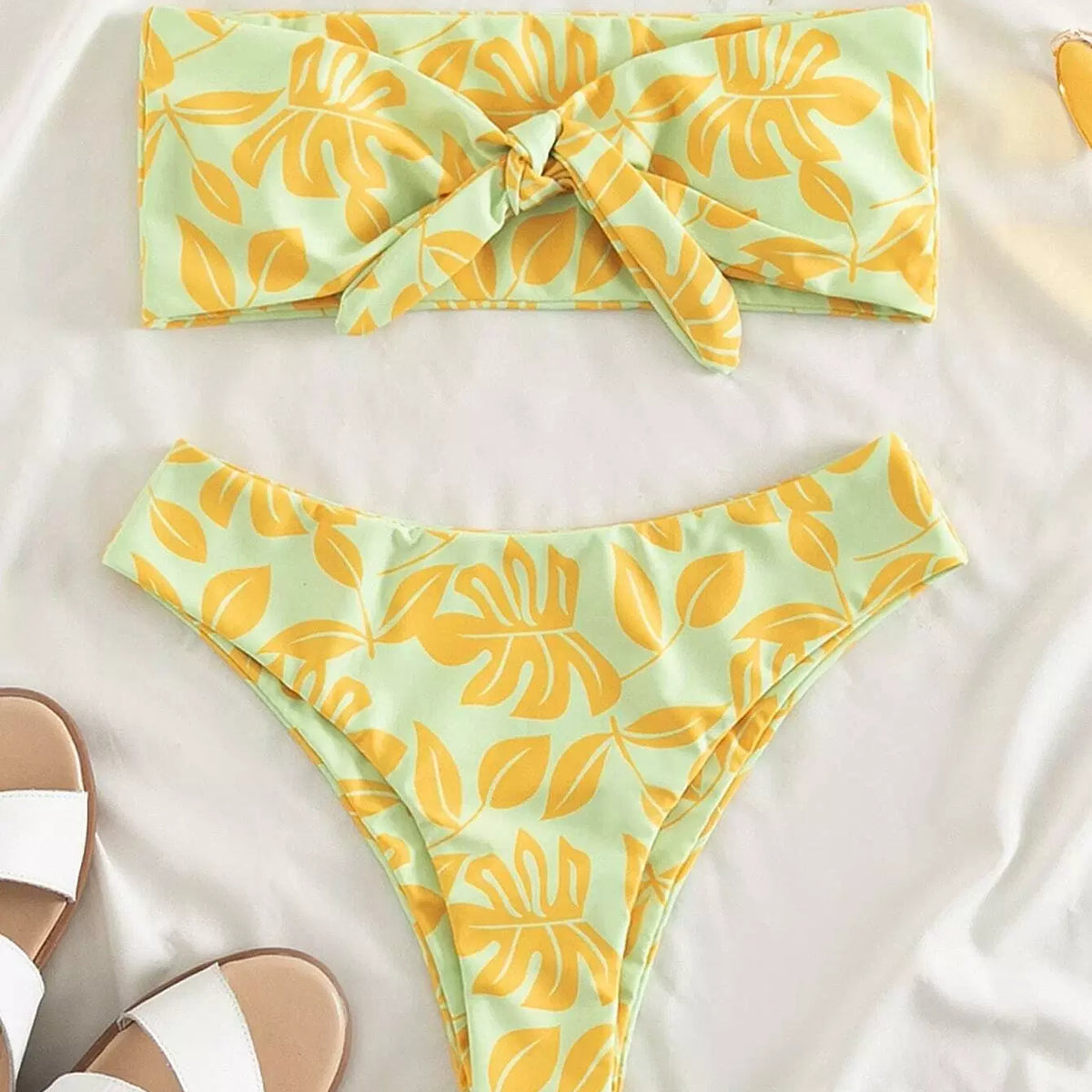 Leaf Print Knot Front Bandeau Bikini Swimsuit – Beisat