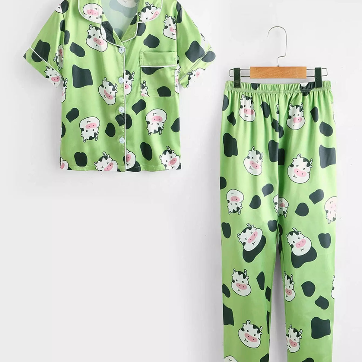Girls Cow Print Lapel Neck Satin PJ Set – Beisat