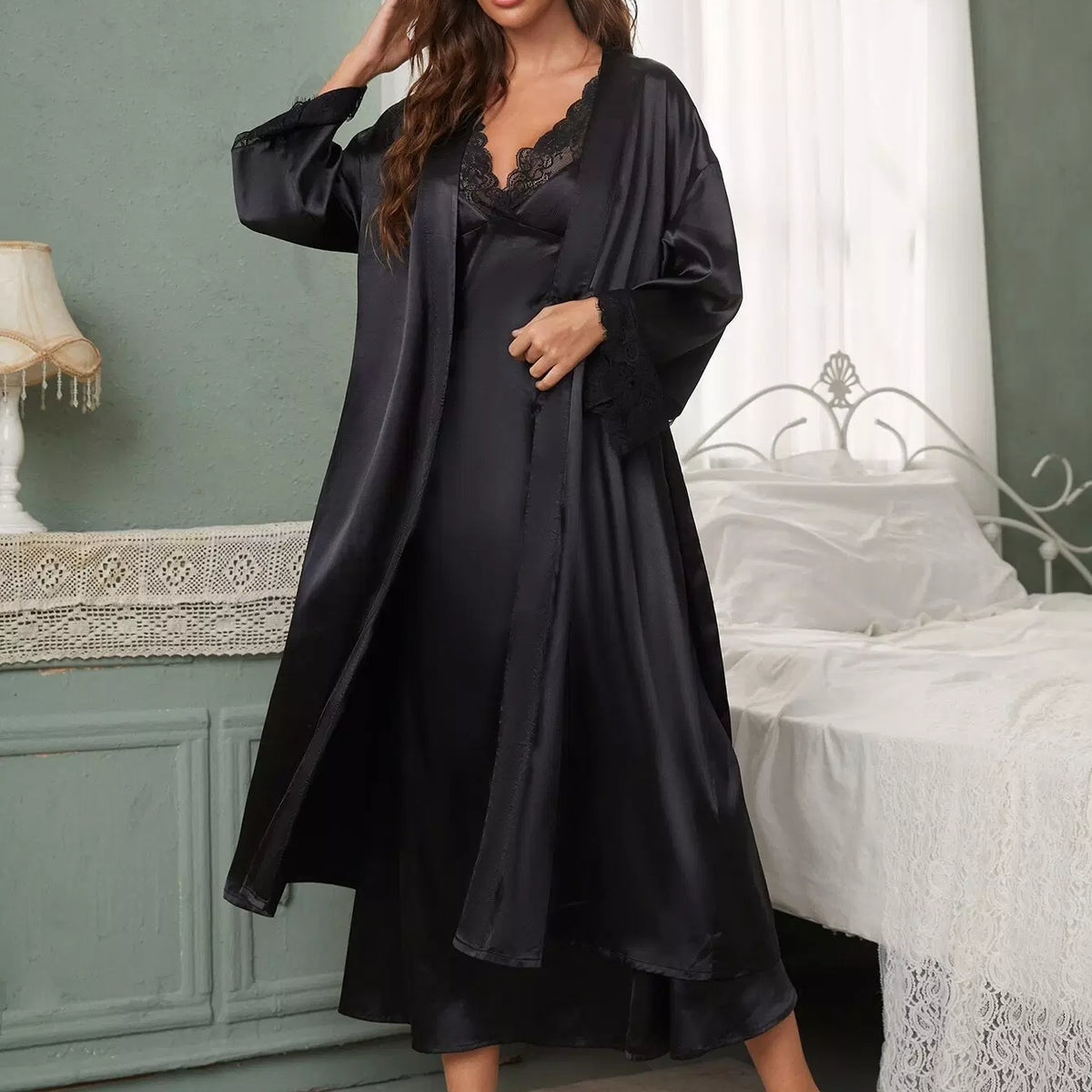 Lace Trim Satin Dress & Night Robe Set – Beisat