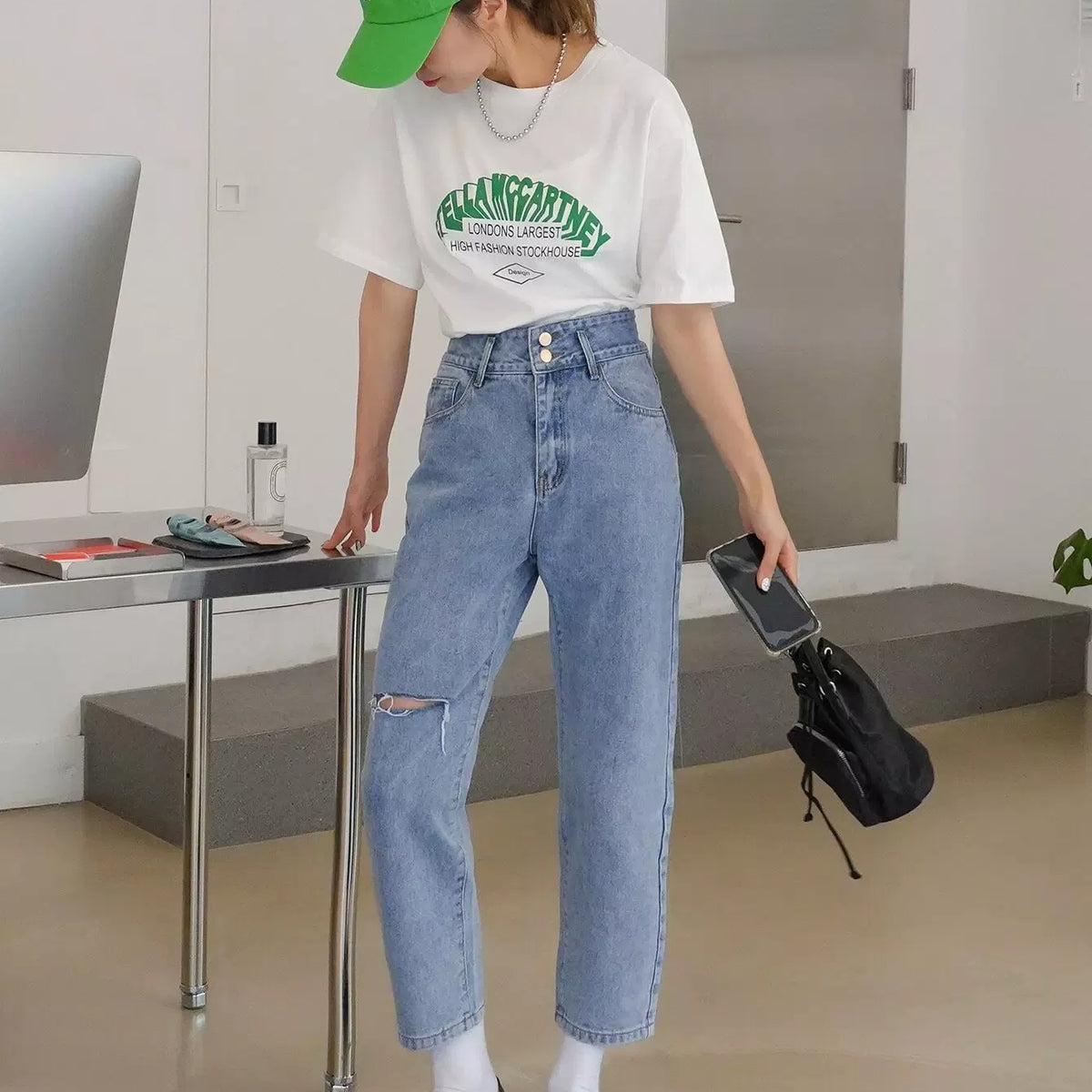 Ripped Button Mom Jeans – Beisat