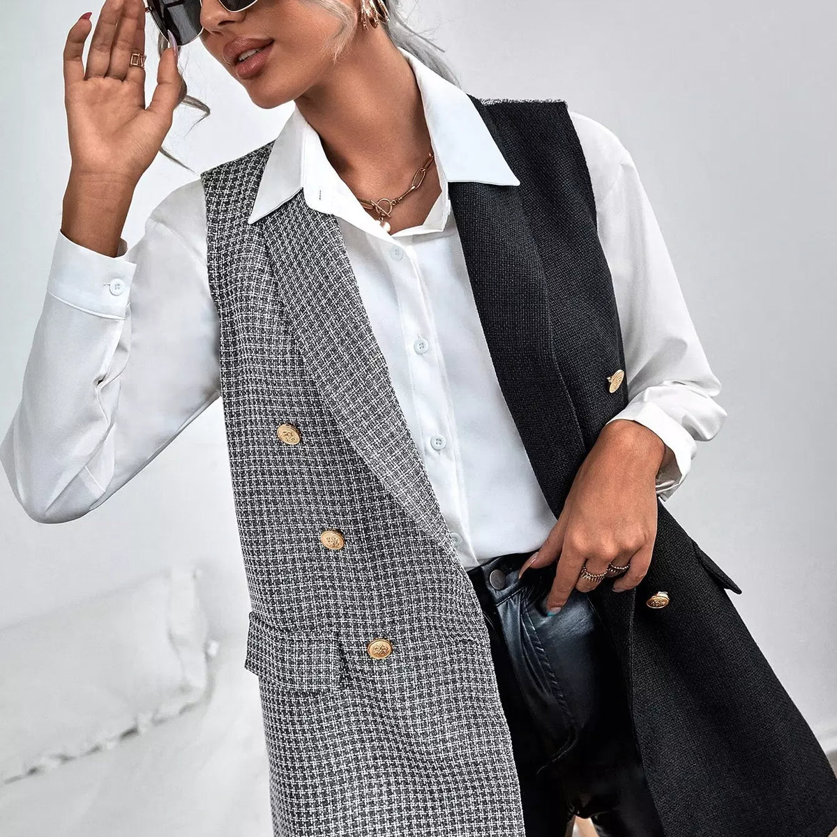 Double Breasted Colorblock Plaid Vest Overcoat – Beisat