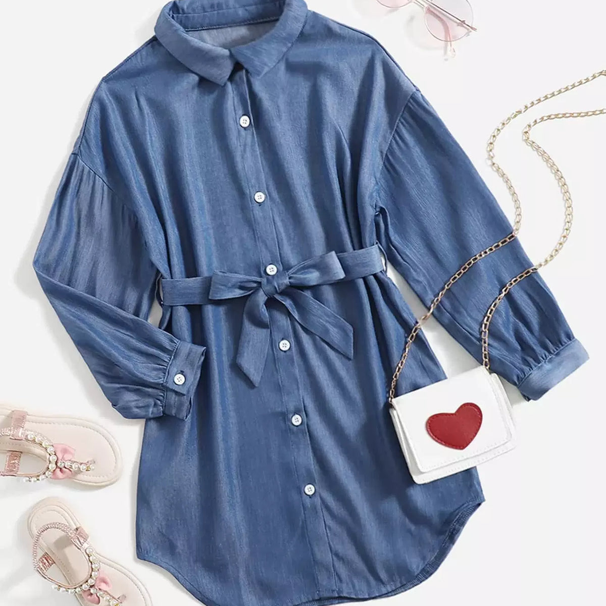 Girls Drop Shoulder Belted Denim Shirt Dress – Beisat