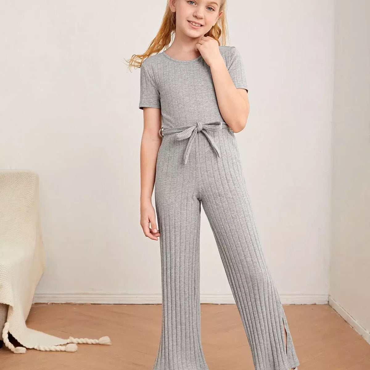 Girls Solid Rib-knit Split Hem Jumpsuit Without Belt – Beisat
