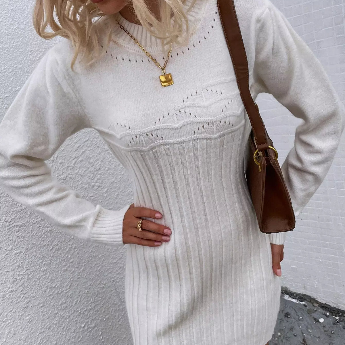 Mock Neck Eyelet Detail Bodycon Sweater Dress – Beisat