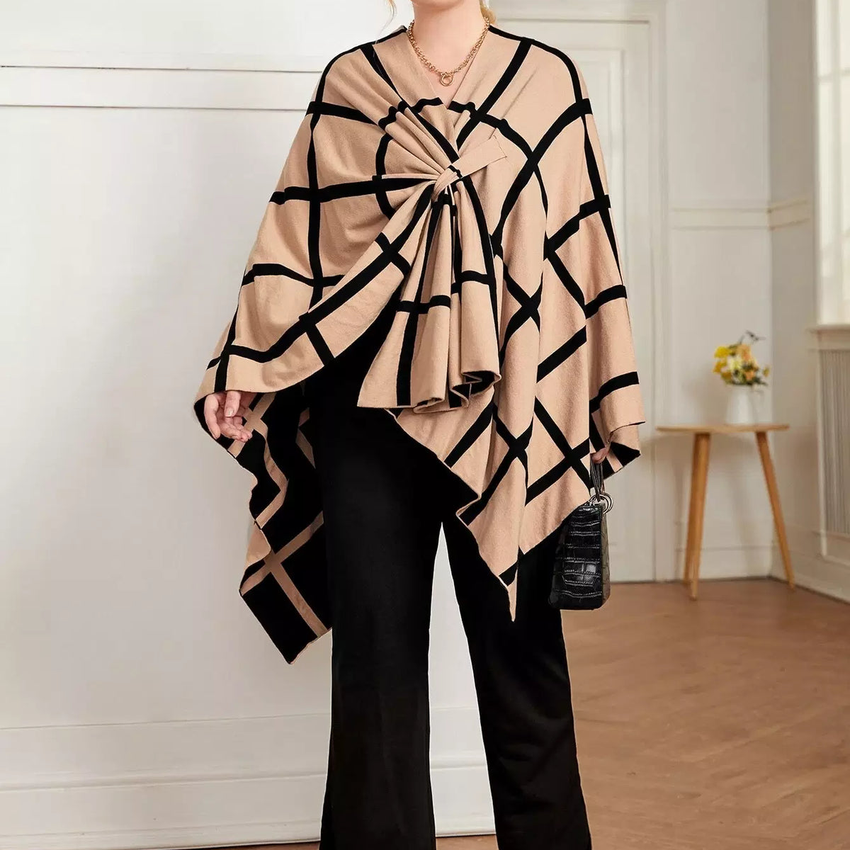 Plus Grid Pattern Cross Wrap Front Asymmetrical Knit Poncho – Beisat