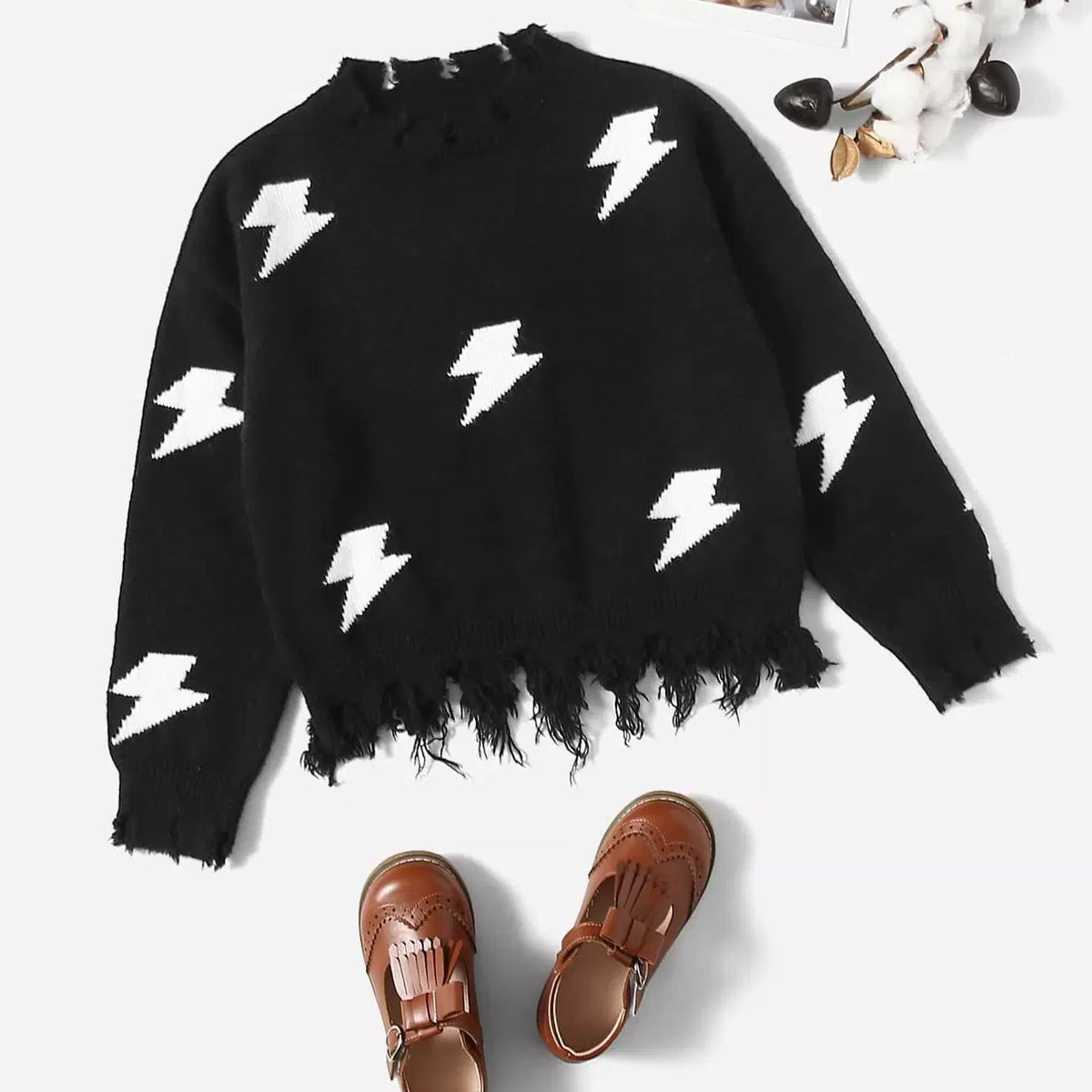 Girls Lightning Pattern Ripped Hem Sweater – Beisat