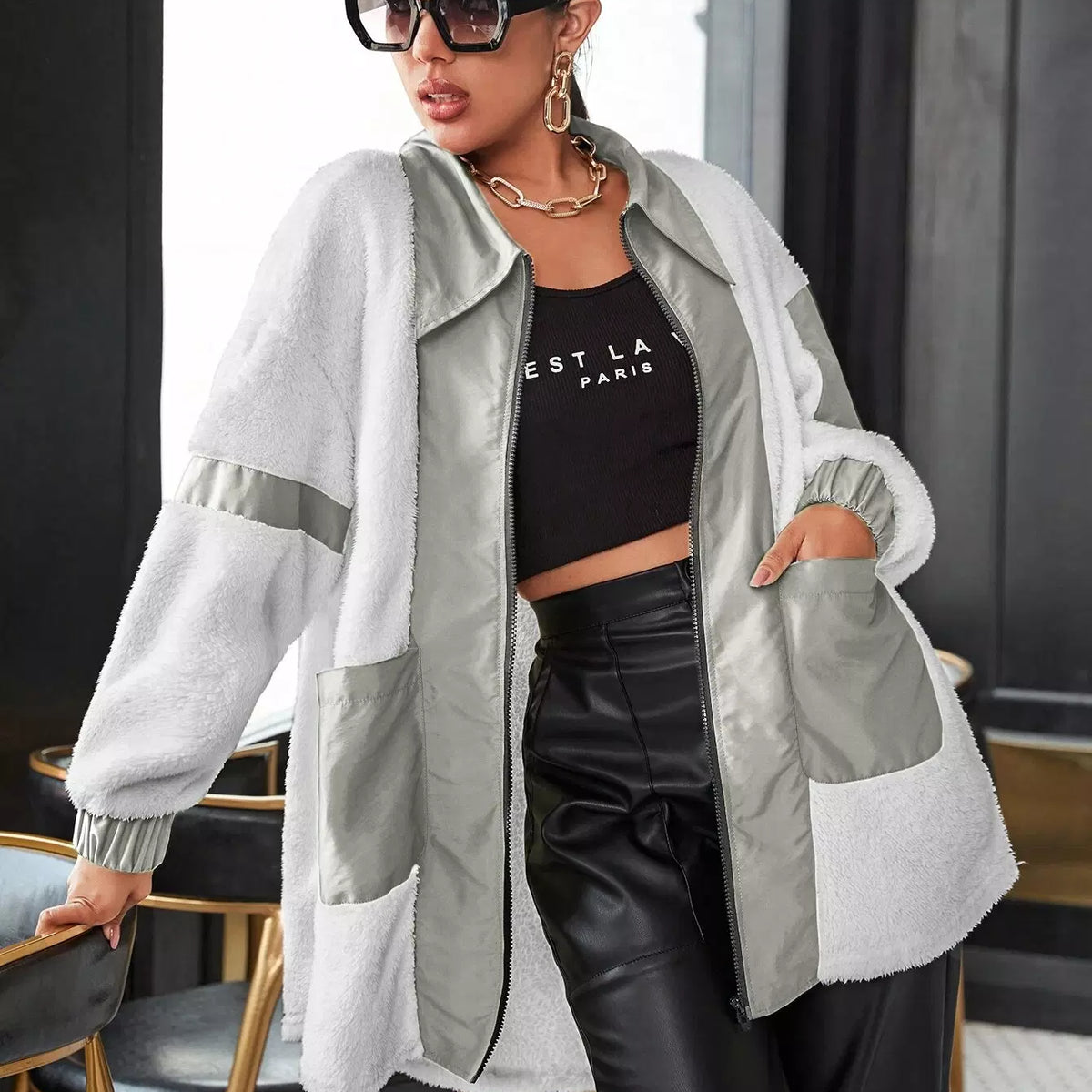 Contrast Teddy Zip Up Coat – Beisat