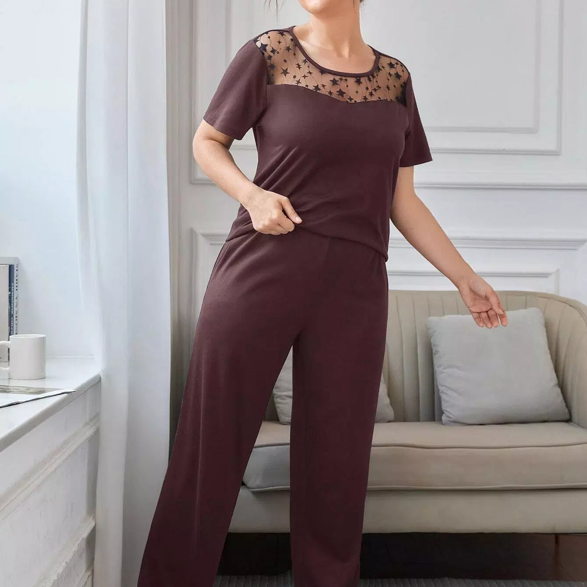 Plus Contrast Star Mesh Top & Pants Pajama Set – Beisat