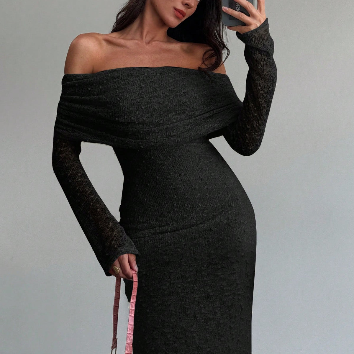 Aloruh Apricot Off-Shoulder Tight Fit Mini Dress With Mesh Texture, Fo ...