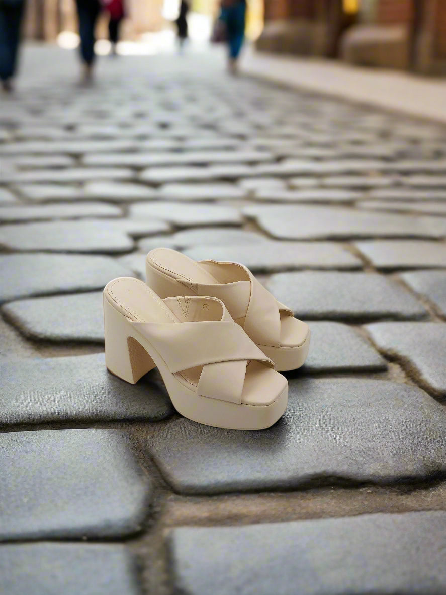 Modern White Platform Mules with a Crisscross Strap – Beisat